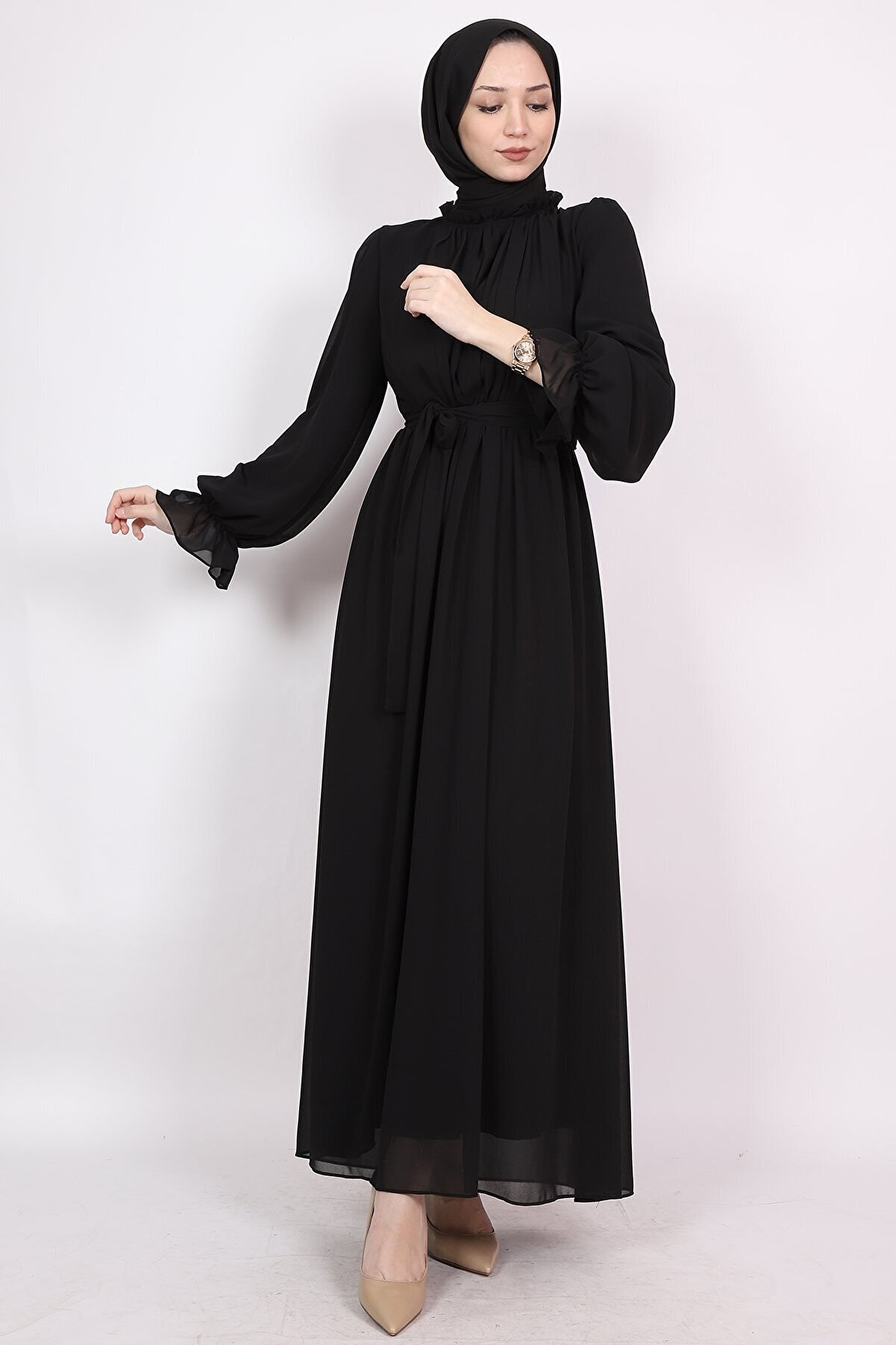 ENDERON Yakası Drapeli Şifon Tesettür Elbise Fiyatı, Yorumları - Trendyol