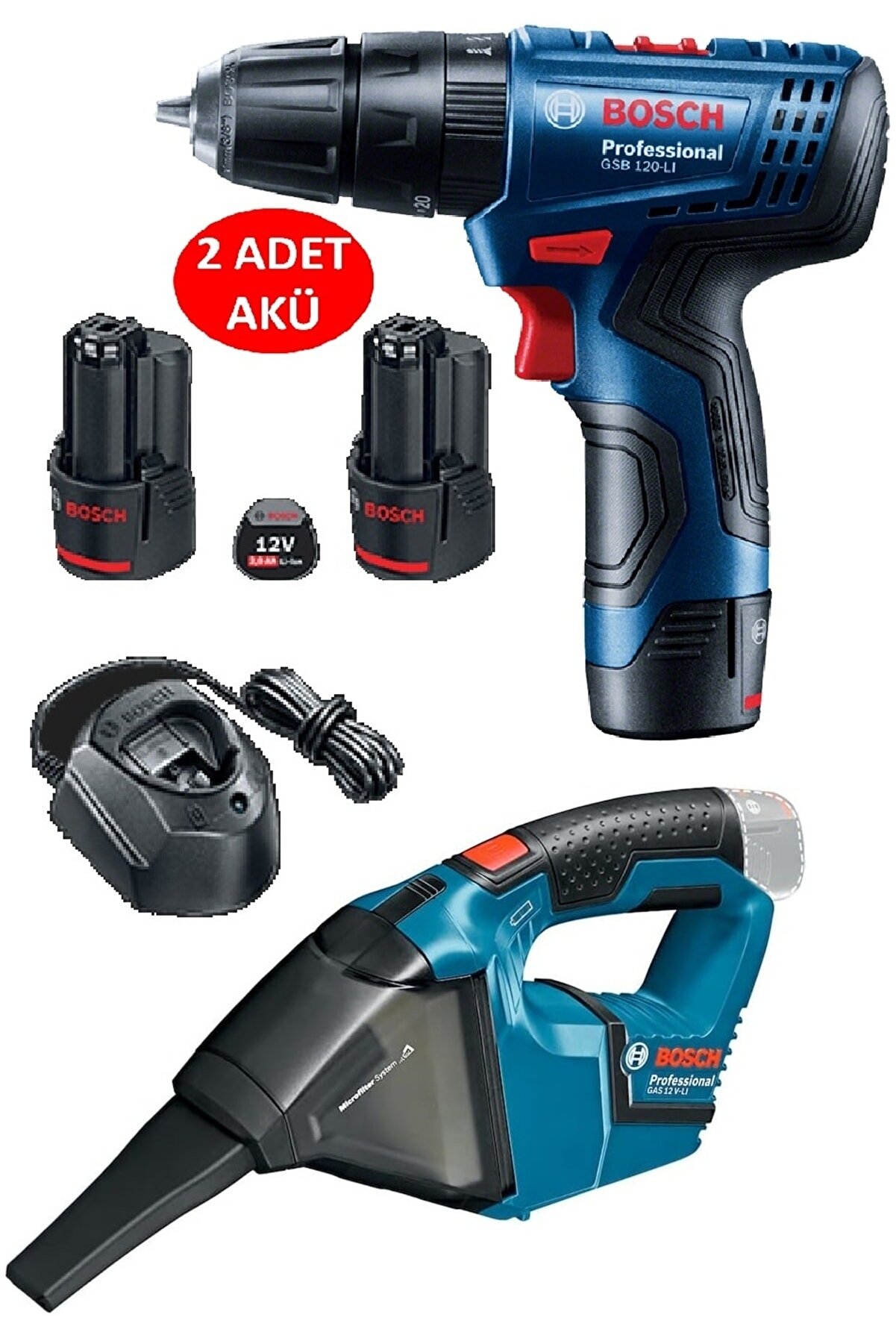 Bosch Şarjlı Matkap Darbeli Matkap Çift Akülü Vidalama + Bosch GAS 12V ...