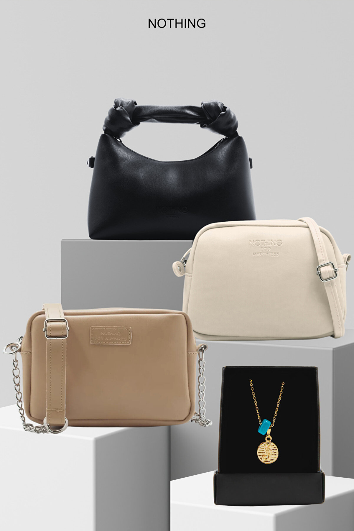 NOTHING Kadın 3'lü Zincirli Çanta Urban Çanta Düğüm Detaylı Çanta Seti ...