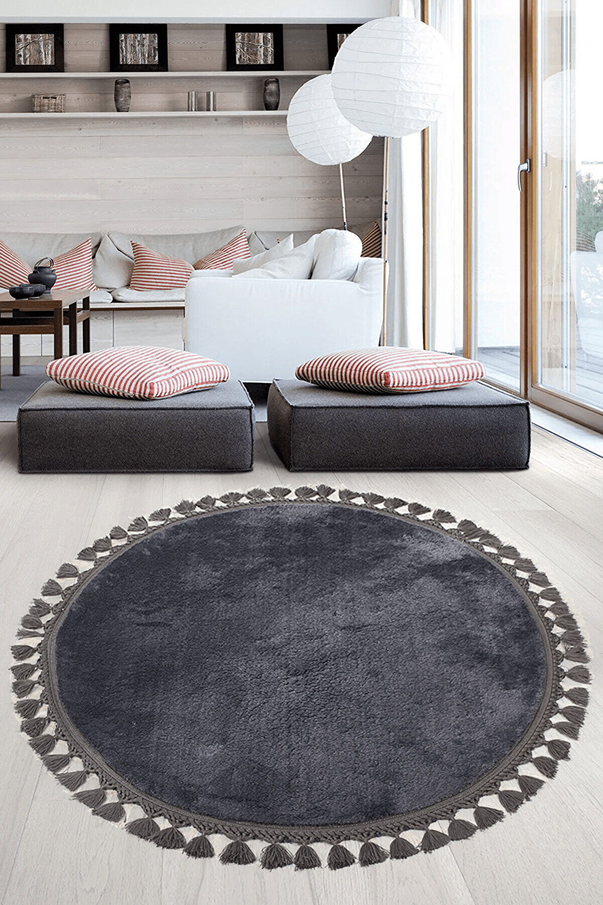 LİNOS HOME Antrasit Fluffy Düğüm Saçaklı Yuvarlak Post Peluş Halı ...