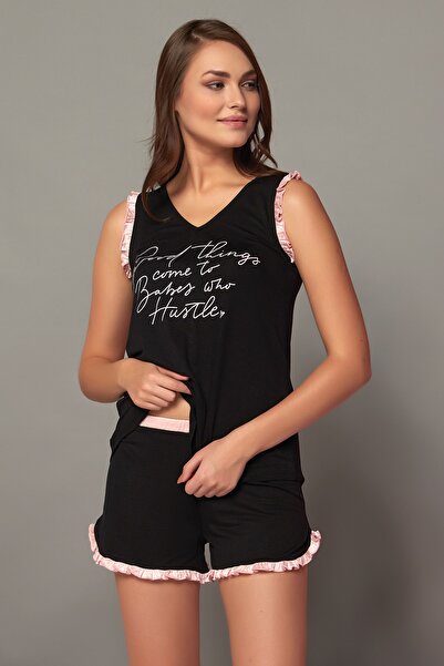 Sevim Women's Black Floral Shorts Suit- Trendyol