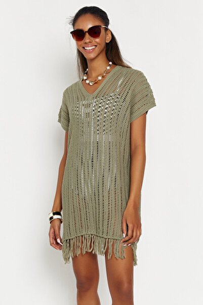 Hopoi Women's Khaki Tasseled Openwork Beach Dress Hop1312- Trendyol