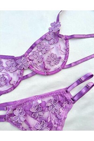 Lilith İnside Daisy Embroidered Glitter Embroidered Bra Set, Lilac ...
