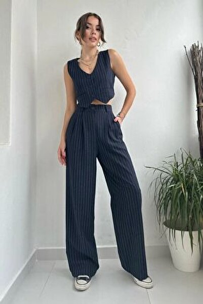 purple pi women's navy blue striped pleated palazzon pants - Trendyol