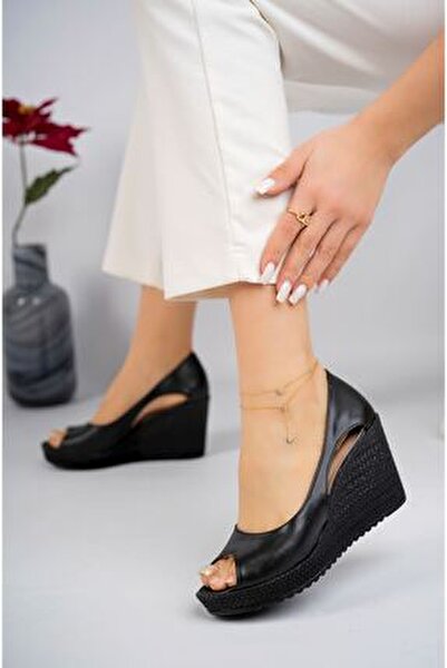epaavm Wedge Sole Open Front and Side Low-cut Black Leather Shoes- Trendyol