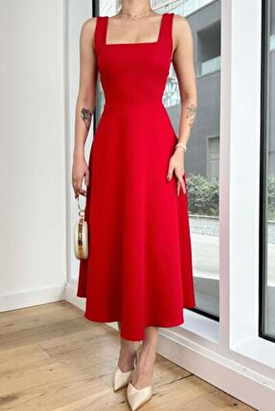 misigo Women's Red Thick Strap Dress - Midi Length Square Neck Design ...