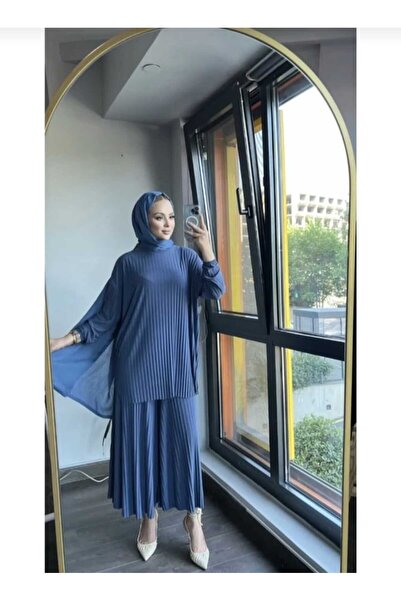 ECK MODA Women's Sandy Lycra Flexible Pleated Fabric Top and Bottom Set- Trendyol