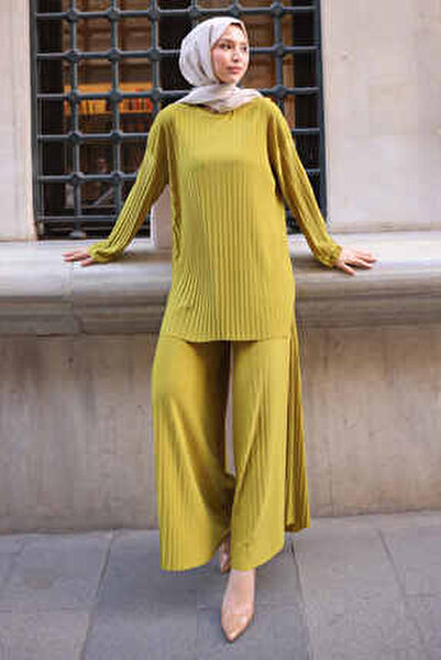 İmajButik Oil Green Pleated Sandy Tunic Trousers Set- Trendyol