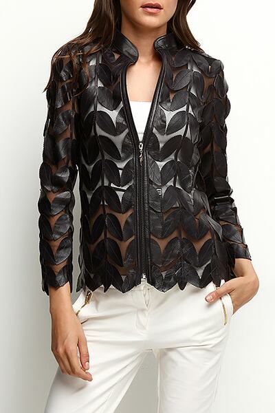 Zamback Leaf Patterned Real Belted Leather Jacket- Trendyol