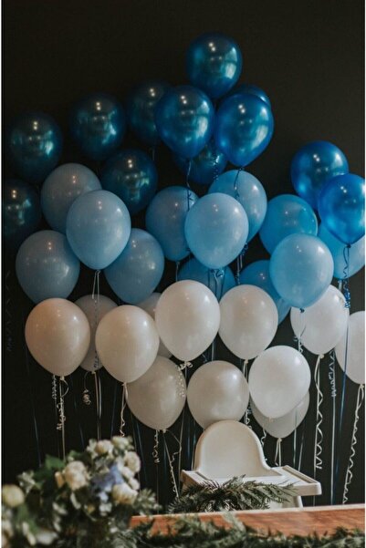 BalonEvi 50 Pieces A.blue-white-silver Metallic Balloon 5 mt Balloon ...