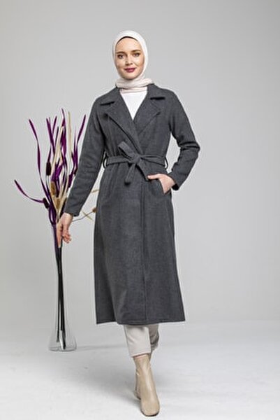 CNG MODA Women's Hijab Gray Belted Wool Unlined Stamp Coat Coat- Trendyol