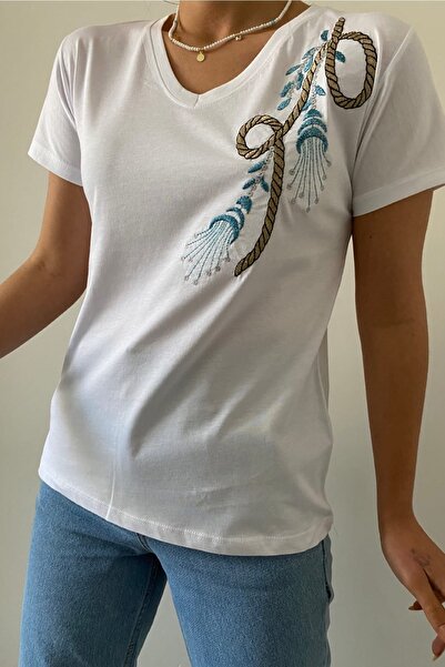 FEMELLE Tricou de damă, cu decolteu în V, brodat cu paiete, 100% bumbac ...