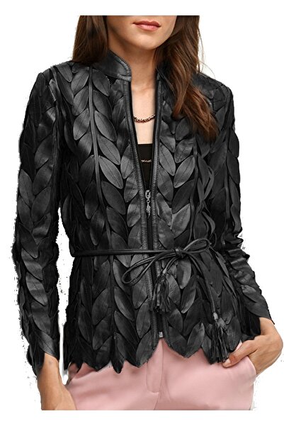 Zamback Leaf Patterned Real Belted Leather Jacket- Trendyol