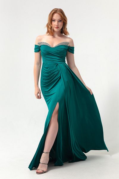 Lafaba Smaragdgrünes Schulterfreies Langes Abendkleid Mit Kette Für
