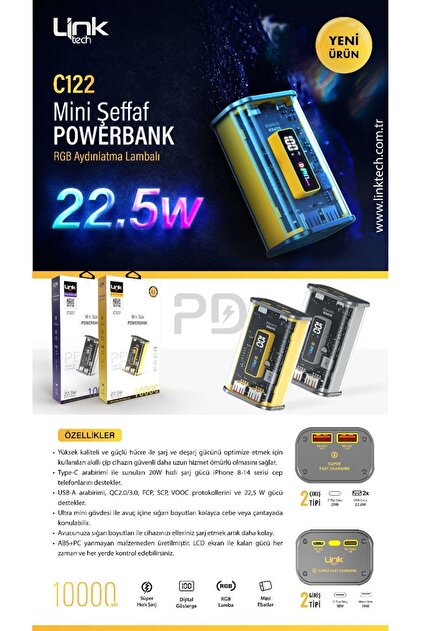 Linktech Link Tech C122 Strong 10000 Mah Pd 22.5w Şeffaf Powerbank Sarı - 5