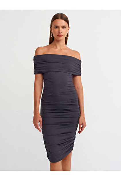 Dilvin 91153 Omuzları Açık Büzgülü Elbise-Saks - Fiyatı, Yorumları