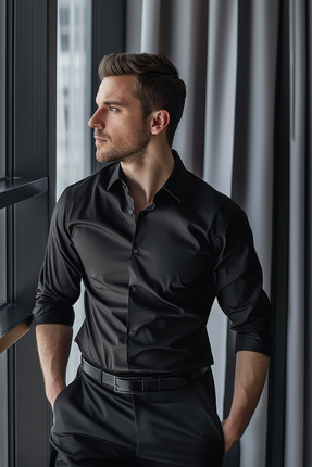BENESSE Slim Fit Easy-Iron Plain Black Dacron Shirt- Trendyol