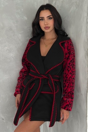 FEMELLE Kadın Siyah Leopar Desen Kolları Kürk Kemerli Nakış İşlemeli ...