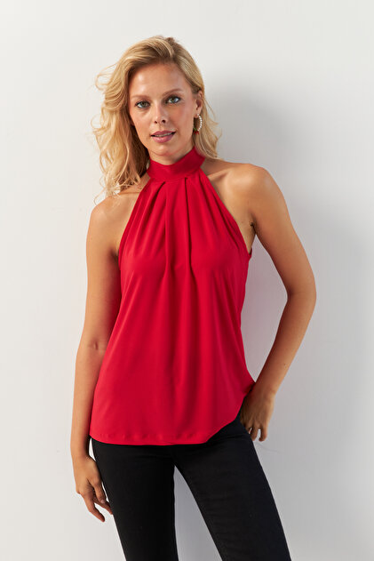 halter neck blouse red