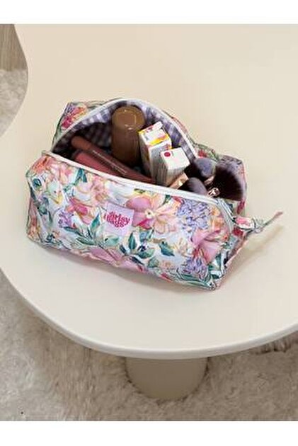 girlsybags Pembe Lila Çiçekli Makyaj Çantası Büyük Boy Fermuarlı ...