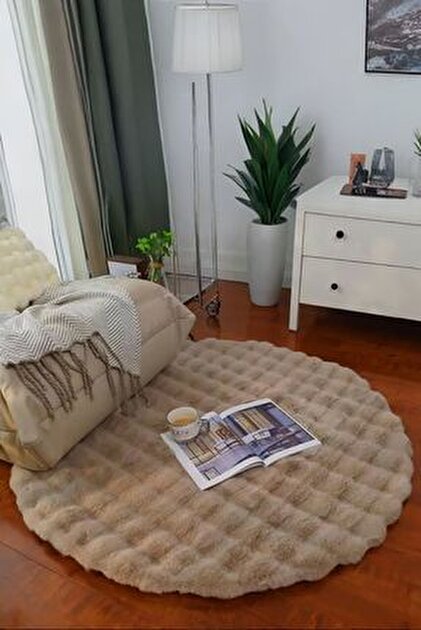 Myevilla Bubble Yuvarlak Krem Uzun Tüylü Yumuşak Peluş Kaymaz ...