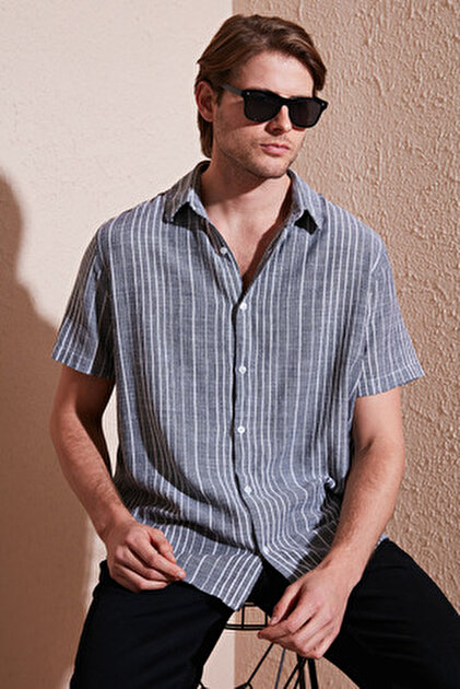 Buratti Ince Çizgili Düğmeli Yaka % 100 Pamuk Slim Fit Gömlek Erkek ...