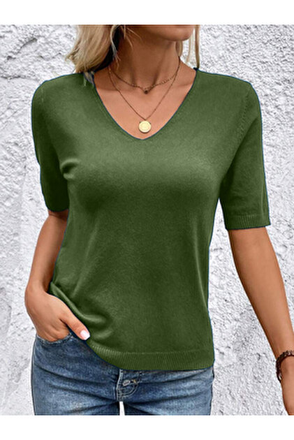 AQE FASHION Likralı V Yaka Esnek Kısa Kollu Triko Siyah Bluz - Fiyatı ...