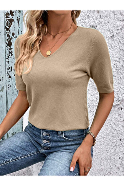 AQE FASHION Likralı V Yaka Esnek Kısa Kollu Triko Siyah Bluz - Fiyatı ...