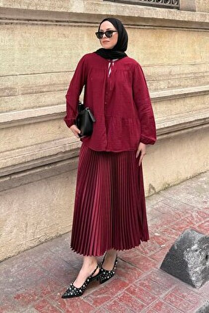 Lamelif V Yaka Kolları Lastikli Müslim Tesettür Gömlek Mürdüm - Fiyatı ...