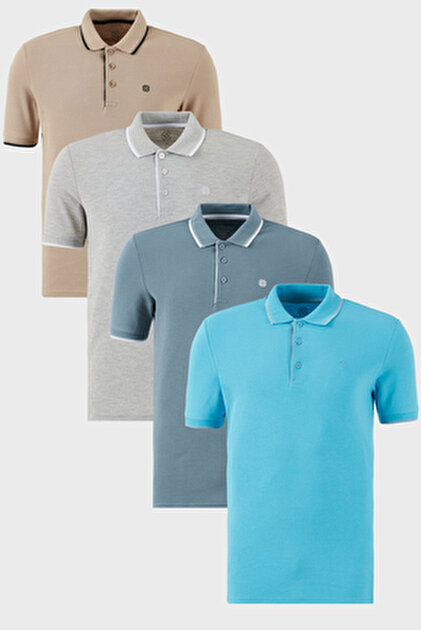 Buratti Pamuklu Slim Fit Şerit Detaylı Düğmeli Polo Yaka 4'lü Paket T ...