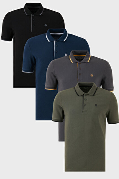 Buratti Pamuklu Slim Fit Şerit Detaylı Düğmeli Polo Yaka 4'lü Paket T ...
