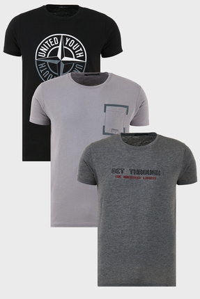 Buratti Pamuklu Slim Fit Bisiklet Yaka Baskılı 3'lü Paket T Shirt Erkek ...