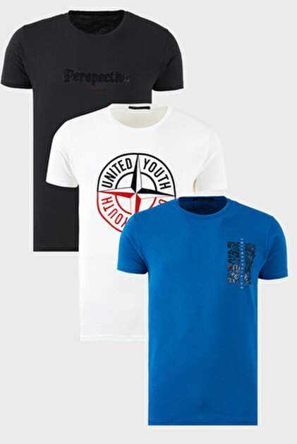 Buratti Pamuklu Slim Fit Bisiklet Yaka Baskılı 3'lü Paket T Shirt Erkek ...