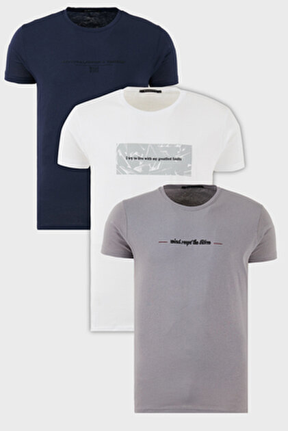 Buratti Pamuklu Slim Fit Bisiklet Yaka Baskılı 3'lü Paket T Shirt Erkek ...