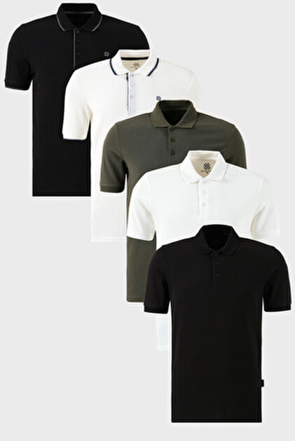 Buratti Pamuklu Regular Fit Düğmeli Polo Yaka 5'li Paket T Shirt Erkek ...