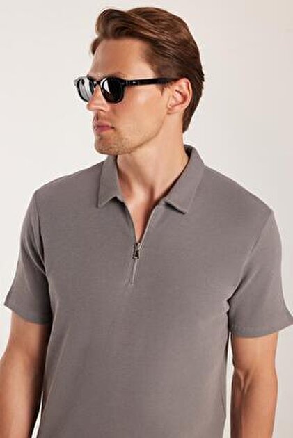 Tudors Erkek Slim Fit Dar Kesim %100 Pamuk Örme Triko Fermuarlı Füme ...