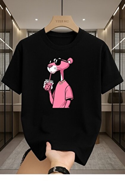 MEİLİFENG Pembe Panter Baskılı Unisex Bisiklet Yaka Pamuk Oversize ...