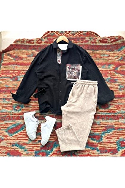 tiggir moda Oversize Cebi Nakışlı Keten Gömlek ve Pantolon Takım ...