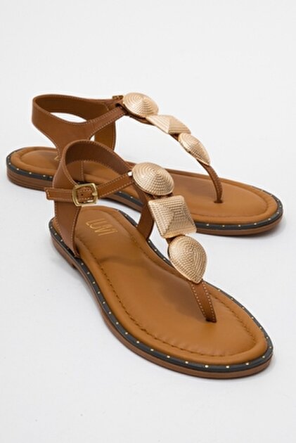 luvishoes MAREA Taba Hakiki Deri Parmak Arası Gold Tokalı Kadın ...