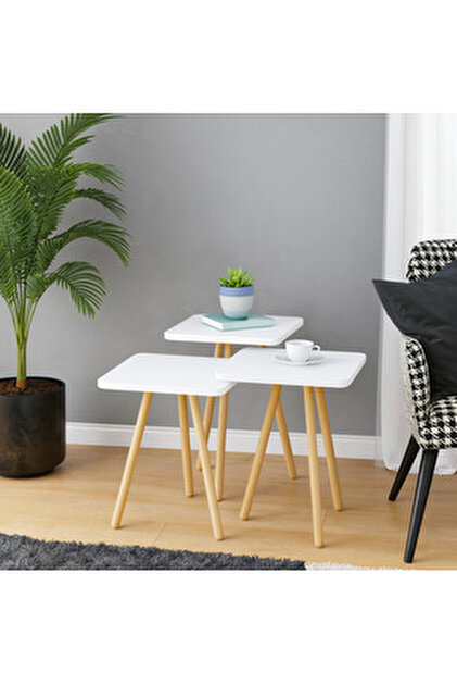 PEKA Zigon Sehpa Doğal Ahşap Ayaklı 3’lü Set Kare - Fiyatı, Yorumları