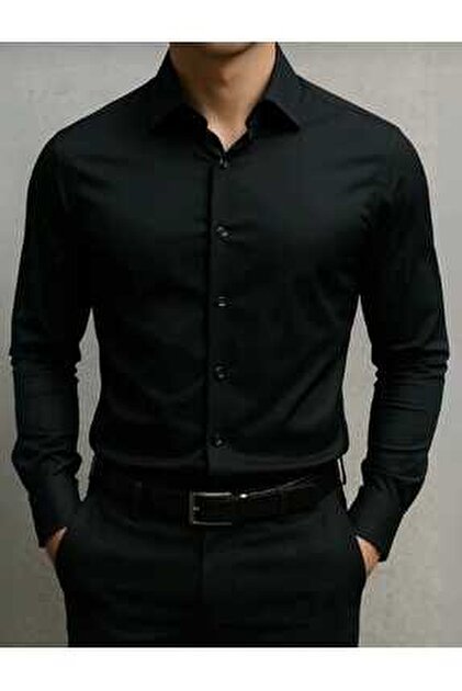 BENESSE Slim Fit Easy-Iron Plain Black Dacron Shirt- Trendyol