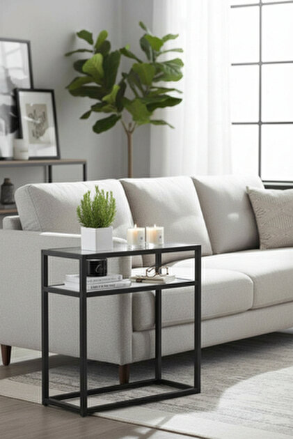 TOLIAHOME Metal İskeletli Ceviz-Siyah Şeffaf Temper Camlı 2 Katlı Yan ...