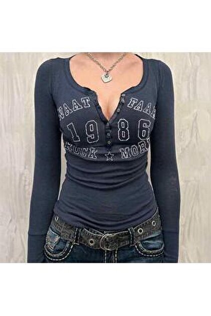 harmony factory Vintage Navy Blue Waat Faak Rock More μακρυμάνικο ...