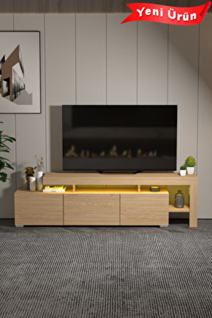 Platinreyon Luma Led Işıklı TV Ünitesi Konsol 192 cm Açık Meşe Desen ...