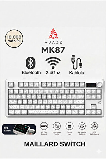 Ajazz MK87 Maillard Switch 10.000 Mah Batarya RGB Mekanik Oyun Klavyesi ...