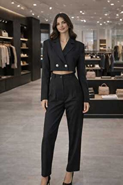 MirayCollection Kadın Kruvaze Crop Ceket & Yüksek Bel Pantolon Takım EL ...