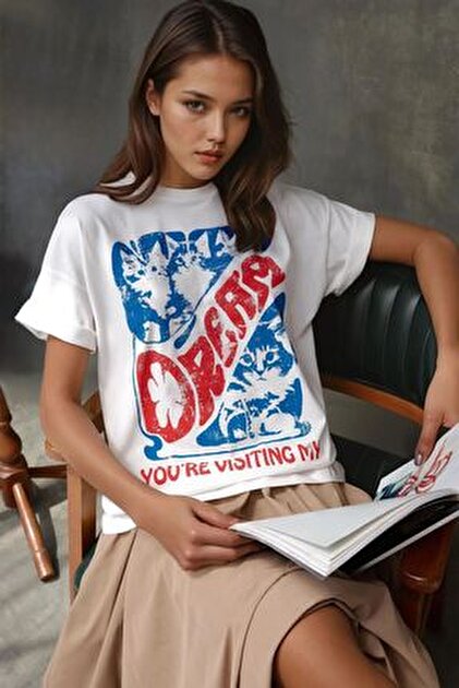 Hiccup Kadın %100 Pamuk Bisiklet Yaka Oversize Beyaz Baskılı T-Shirt ...