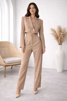 MirayCollection Kadın Kruvaze Crop Ceket & Yüksek Bel Pantolon Takım EL ...