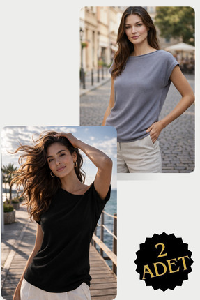 AQE FASHION Kadın Triko Bluz Mint Kısa Kollu Yarasa Kol Sosis Yaka ...