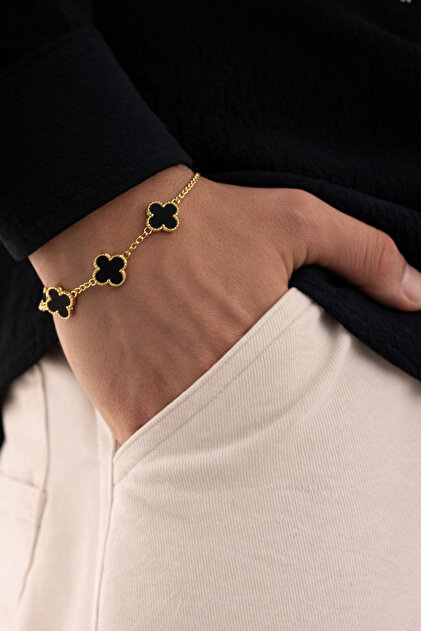 Nutly Accessories Erkek Yonca Model Bileklik Beyaz Taşlı Gold Çelik ...